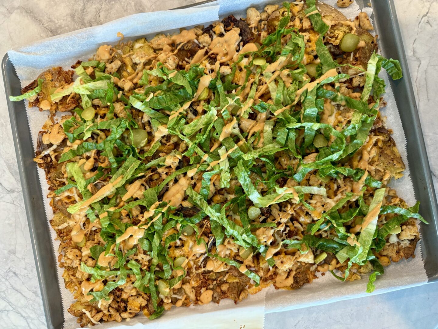 Cheeseburger Sheet Pan Nachos (with Ground Turkey + Secret Sauce)